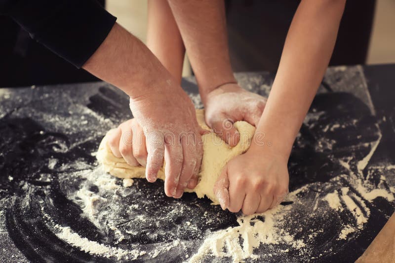 Bakers Kneading Dough on Kitchen Table Stock Image - Image of flour ...