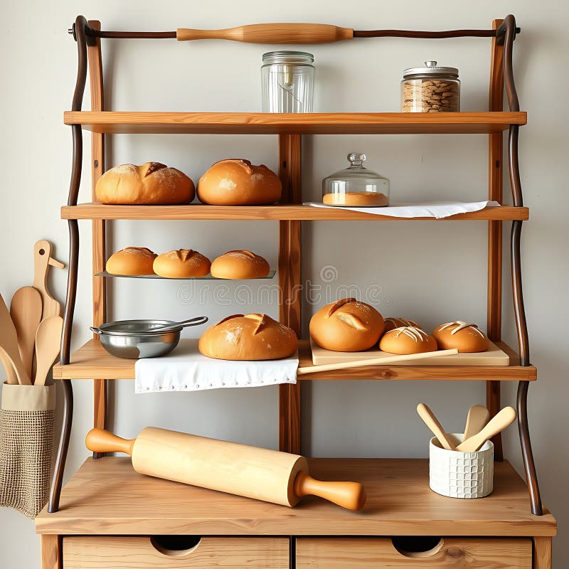 A Bakers Rack with Open Shelves Displaying Artisanal Bread Pastries and ...