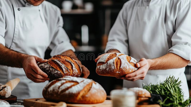 Bakers Showcasing Freshly Baked Loaves in Bakery Kitchen Stock Image ...
