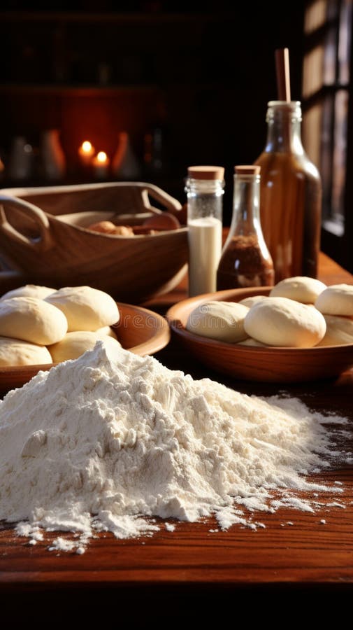 A Bakers Tableau Rolling Pin and Flour on Light Brown Table Stock ...