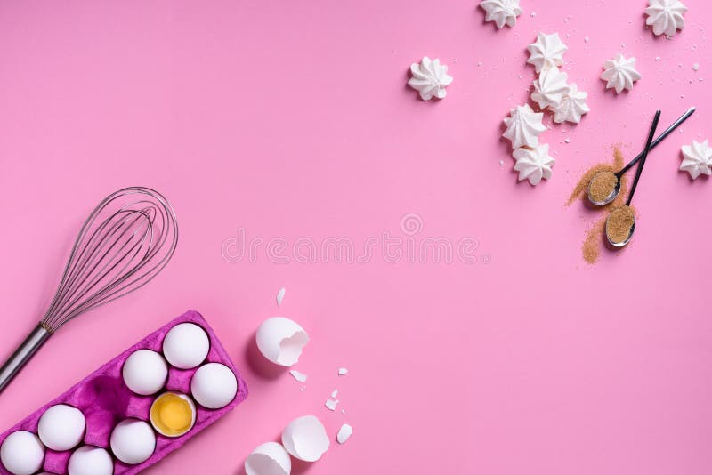 Bakery Background Frame. Cooking Ingredients - Egg, Sugar, Over Pink ...