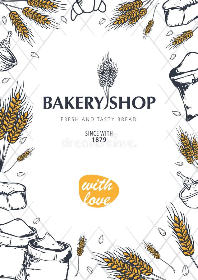 Bakery Background with Wheats. Linear Graphic. Bread Banner Collection ...