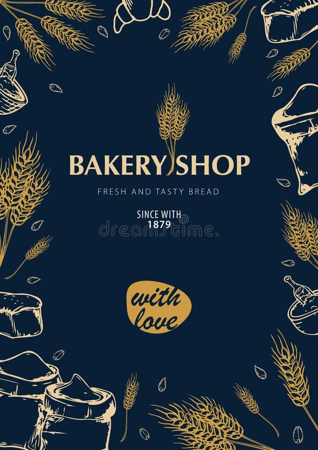 Bakery Background with Wheats. Linear Graphic. Bread Banner Collection ...