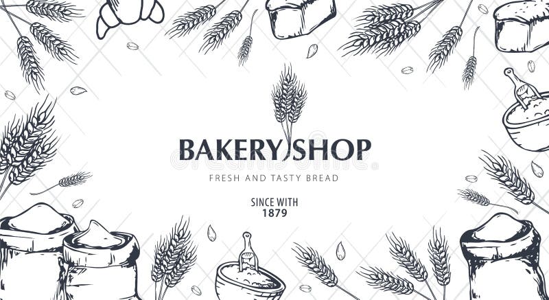 Bakery Background with Wheats. Linear Graphic. Bread Banner Collection ...