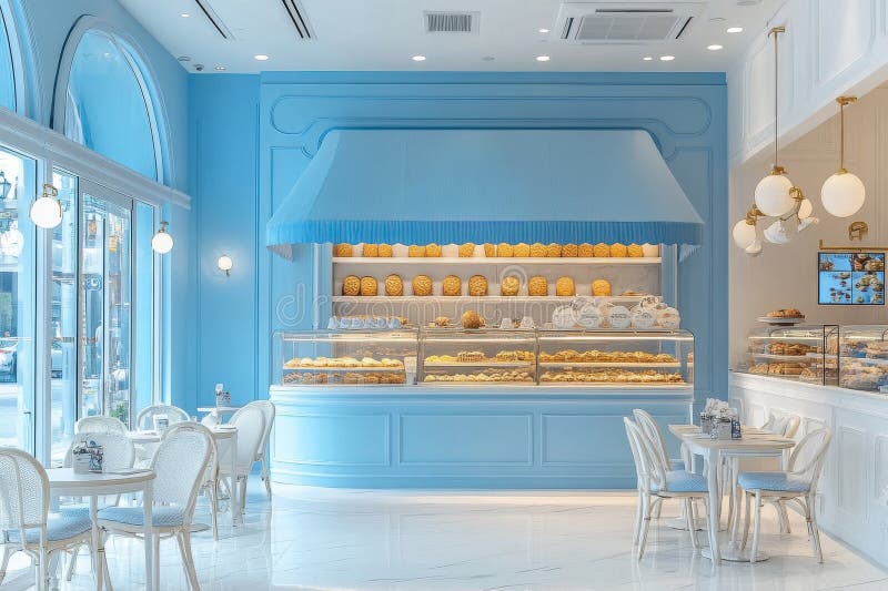 A Bakery with a Blue and White Theme Stock Photo - Image of fresh ...