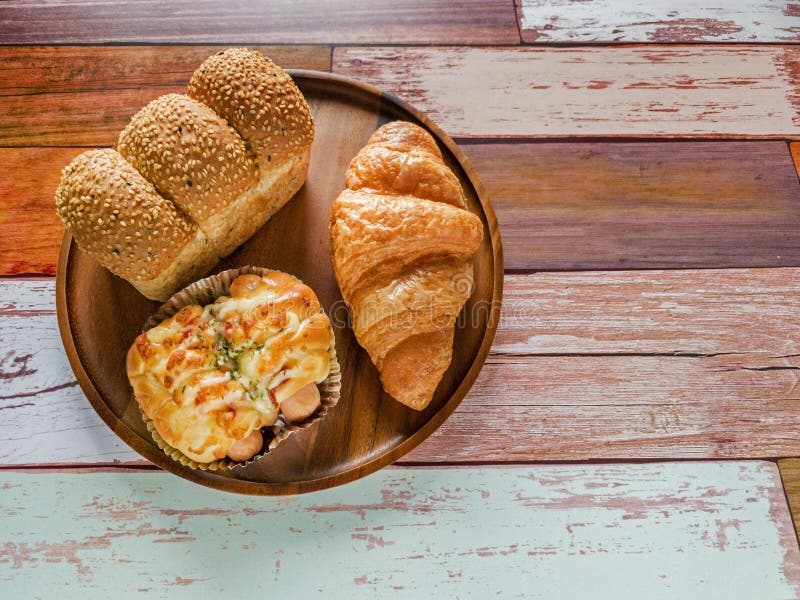 Bakery Breakfast on Wooden Plate Stock Photo - Image of pastry, break ...