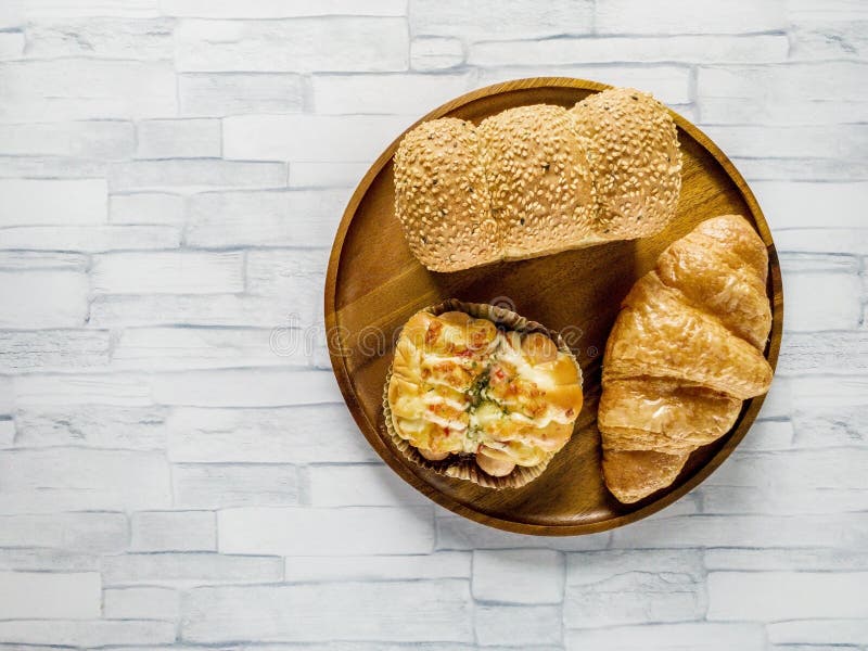 Bakery Breakfast on Wooden Plate Stock Image - Image of bread, roll ...
