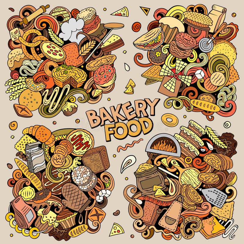 Bakery Cartoon Vector Doodle Designs Set. Stock Vector - Illustration ...