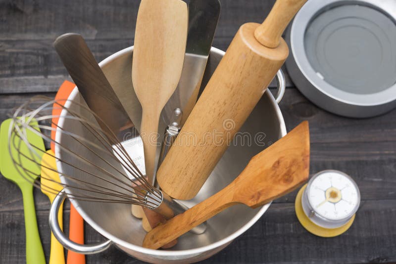 Bakery and Cooking Tools with Kitchen Timekeeping on Wood Table Stock ...