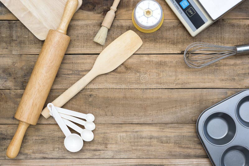 Bakery and Cooking Tools with Kitchen Timer on Wood Table Stock Image ...