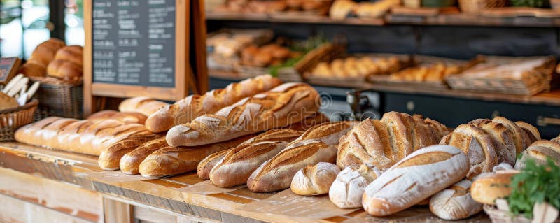 A Bakery Counter with an Array of Bread Loaves, Rolls, and Baguettes ...