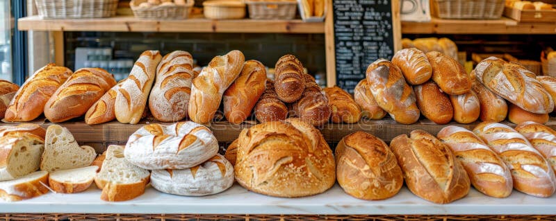 A Bakery Counter with an Array of Bread Loaves, Rolls, and Baguettes ...