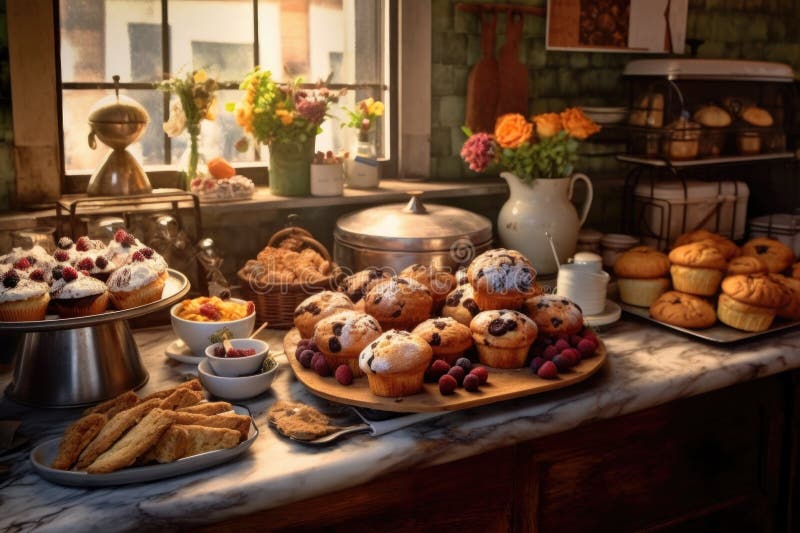 Bakery Counter with Assorted Muffins and Scones Stock Illustration ...