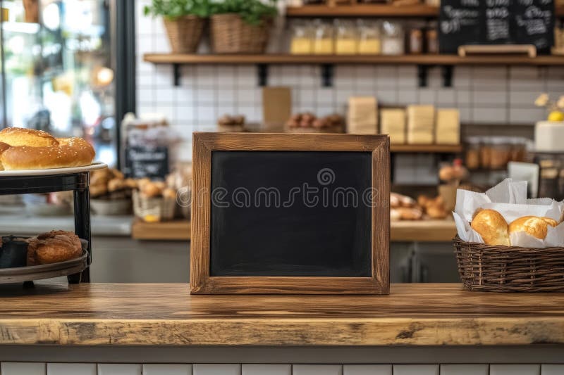 Bakery Counter with Empty Small Blackboard for Custom Messages or Menu ...
