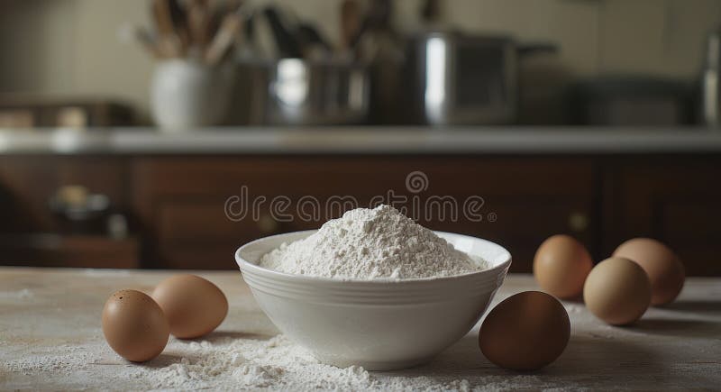 Bakery Counter with Fresh Eggs and Flour for Baking Stock Photo - Image ...