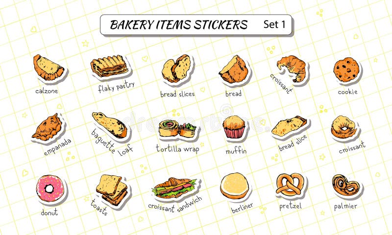 Bakery, Customizable Hand Drawn Sticker Pack Stock Vector ...