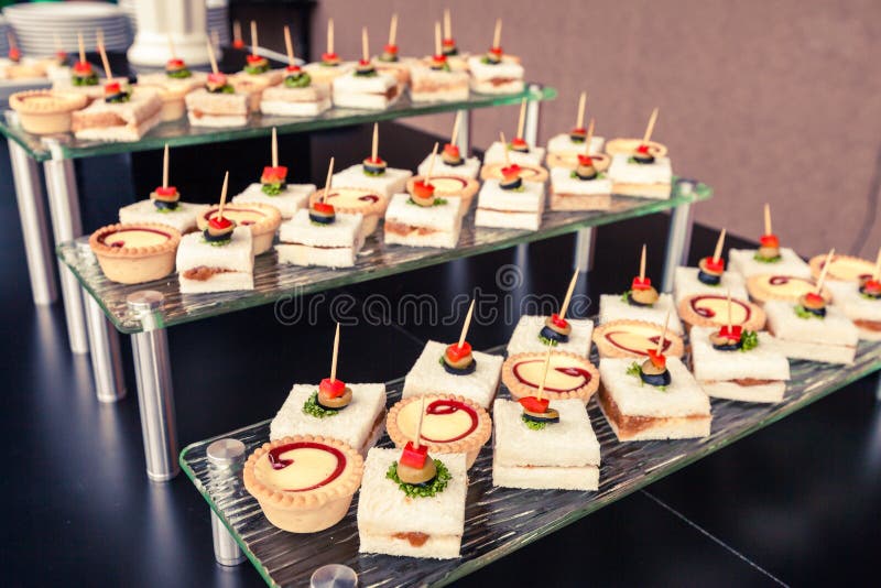 Bakery and Dessert Buffet on Glass Shelf. Stock Image - Image of bread ...
