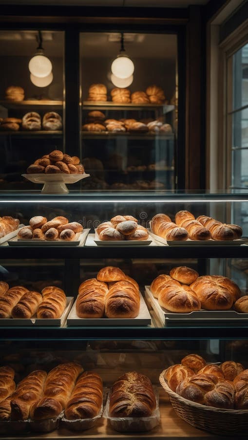 A Bakery Display Case with Many Different Types of Bread Stock ...