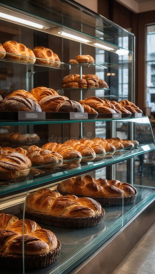 A Bakery Display Case with a Variety of Breads, Including Baguettes and ...