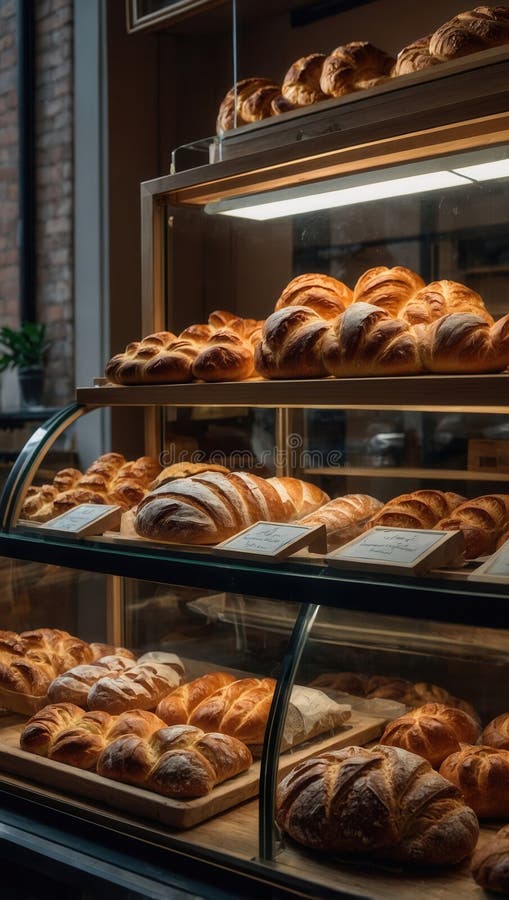 A Bakery Display Case with a Variety of Breads, Including Croissants ...