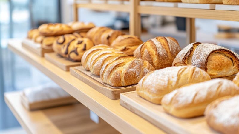 A Bakery Display with Many Different Types of Breads on Trays, AI Stock ...
