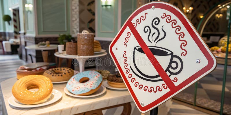 Bakery Display with a Sign Prohibiting Drinks Near a Variety of Donuts ...