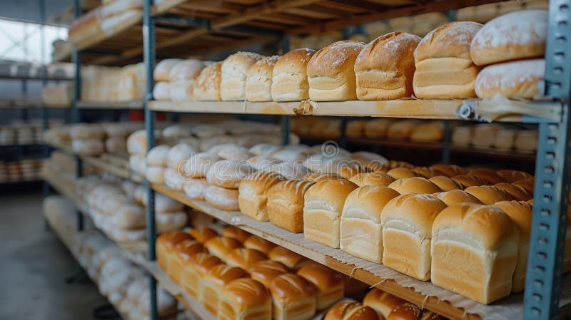 Bakery Factory with Assorted White Bread on Shelves for Manufacturing ...
