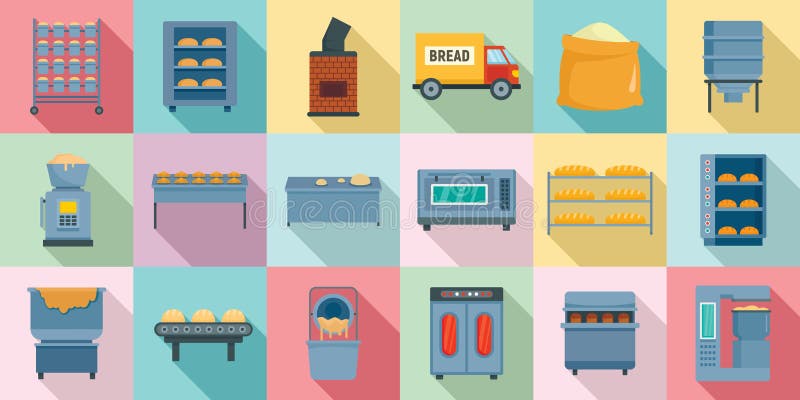 Bakery Factory Icons Set, Flat Style Stock Vector - Illustration of ...