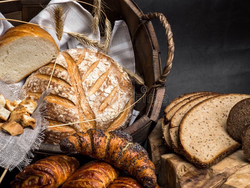 Bakery, Gold Rustic Crusty Bread and Buns Stock Photo - Image of ...