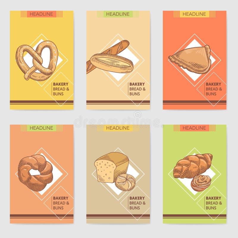 Bakery Hand Drawn Brochure Cards Design Template with Fresh Bread and ...