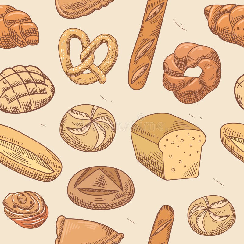 Bakery Hand Drawn Seamless Pattern. Fresh Bread and Buns Background ...