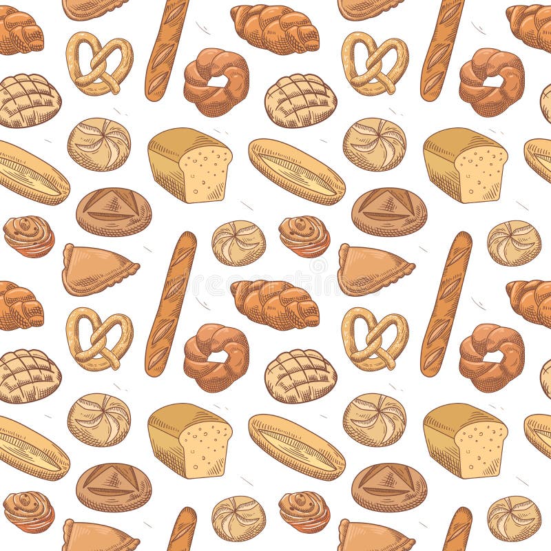 Bakery Hand Drawn Seamless Pattern. Fresh Bread and Buns Background ...