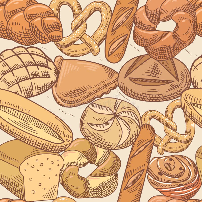 Bakery Hand Drawn Seamless Pattern. Fresh Bread and Buns Background ...