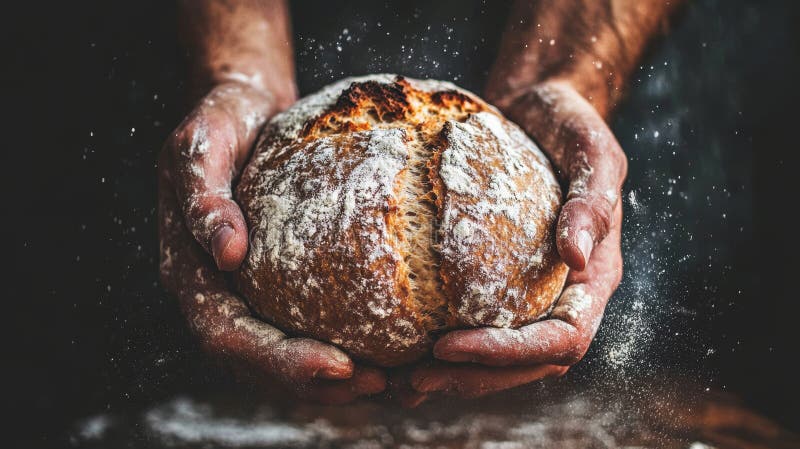 In a Bakery, Hands are Shown in Close-up, Dusting Bread with Flour ...