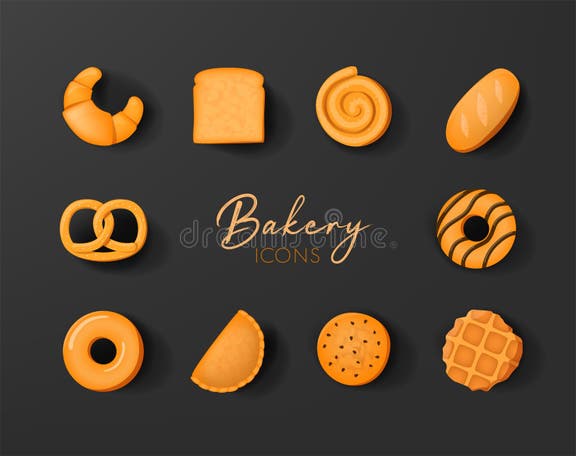 Bakery Icon Set in Realistic 3d Design. Bread, Donnut or Cookie. Stock ...