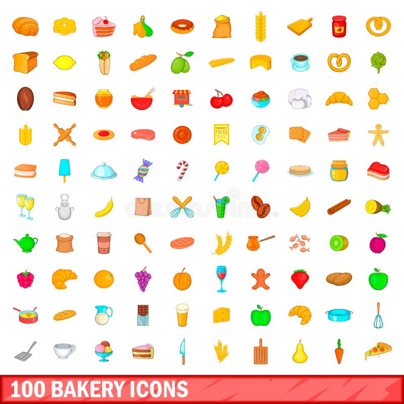 100 Bakery Icons Set, Cartoon Style Stock Vector - Illustration of ...