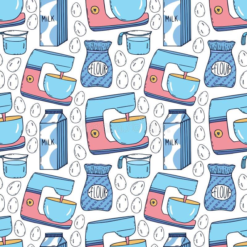 Bakery Ingredients. Background with Blender, Milk and Flour Stock ...