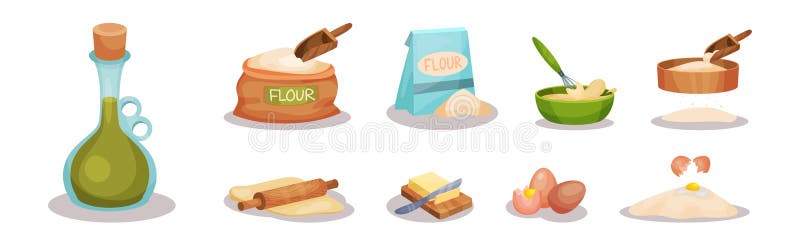 Bakery Ingredients and Stuff for Cake Preparation Vector Set Stock ...