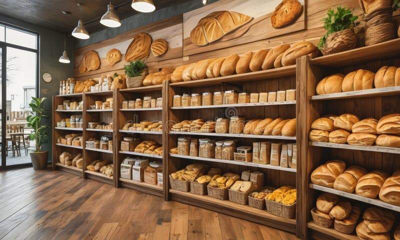 Bakery Interior Features Wooden Shelves Displaying Array Breads ...