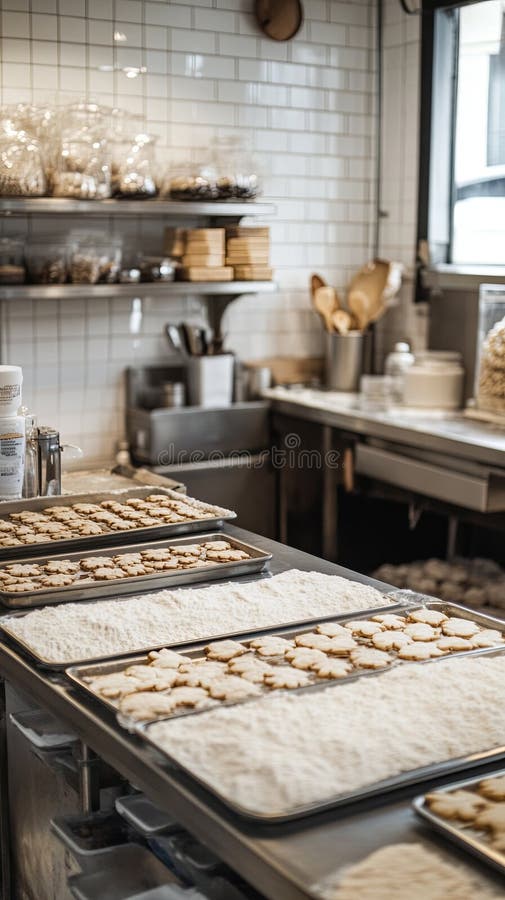 A Bakery Kitchen with Flour-dusted Counters and Trays of Cookies Stock ...