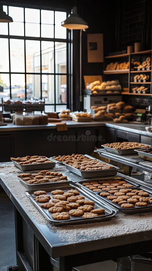 A Bakery Kitchen with Flour-dusted Counters and Trays of Cookies Stock ...