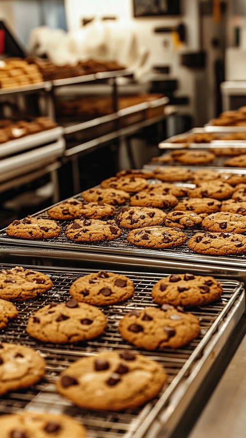 A Bakery Kitchen with Trays of Freshly Baked Cookies Cooling on Racks ...