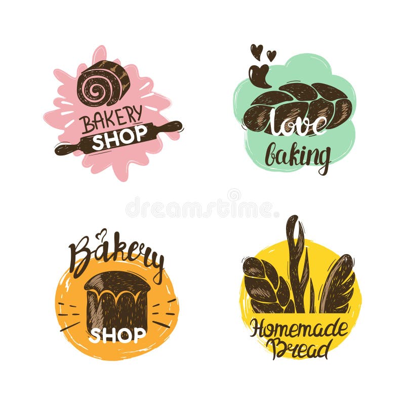 Bakery Logotypes Set. Colorful Doodle Bakery Logos and Bread Labels ...
