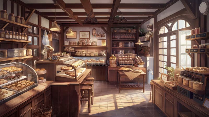 A Bakery with a Lot of Baked Goods and a Lot of Light. Anime Background ...