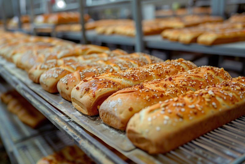 Bakery Manufacturing Process. Close-up Shot of Fresh Bread Baked ...