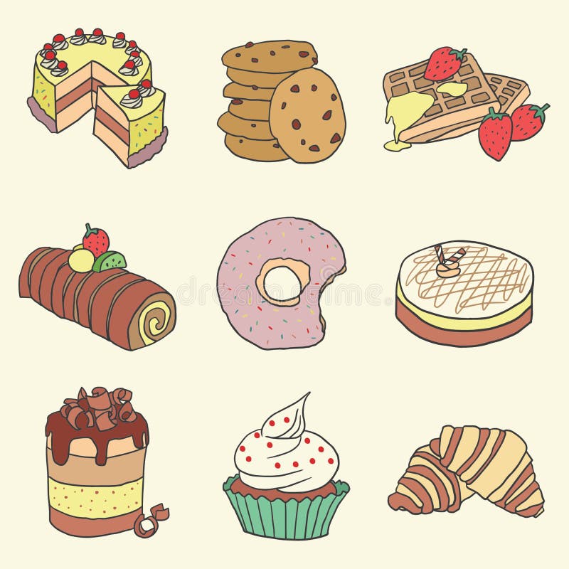 Bakery Pastry Hand Drawn Illustration Vector Set Stock Vector ...
