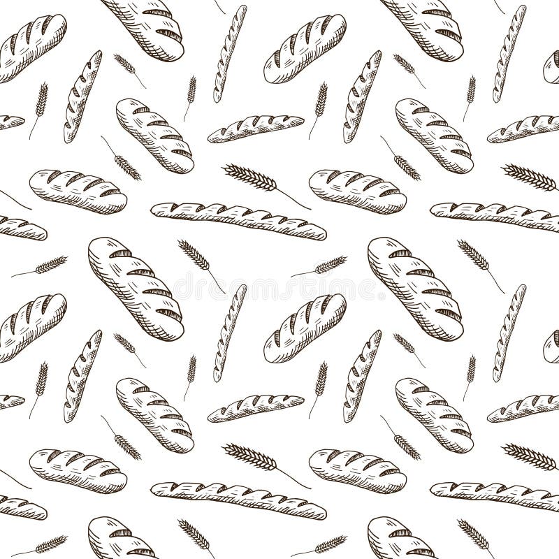 Bakery Pattern. Hand Drawn Bread Products on White Background. Sketch ...