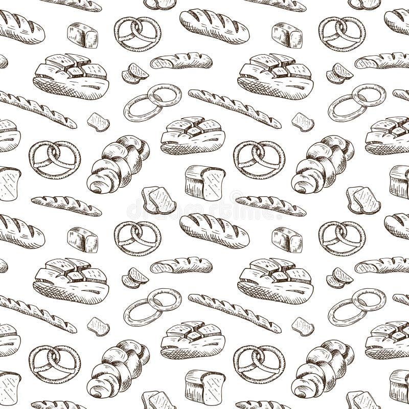 Bakery Pattern. Hand Drawn Bread Products on White Background. Sketch Style Stock Vector ...