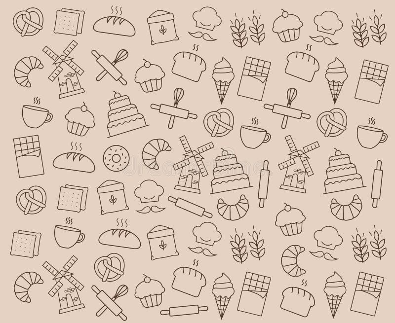 Bakery Pattern, Outline Icons Set Stock Vector - Illustration of sweet ...