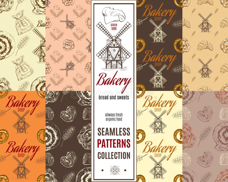 Bakery patterns set stock vector. Illustration of pastry - 68343789